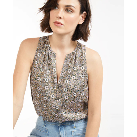 Outerknown | Tops | Outerknown Arlyn Sleeveless Top S Tan White Floral Split Neck Button Front ...
